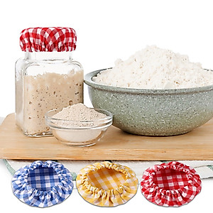 6pcs Jar Cloth Covers, Plaid Cloth Jar Covers Elastic Unbleached Cloth lid Reusable Sourdough Starter Bowl Cover Dough Basket Cover Preserving Lids for 3-4 Inch Jar Mouth Baking Supplies