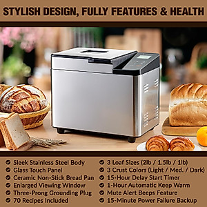 Briskind Bread Maker Machine with Ceramic Nonstick Pan, 19 Menus, 2 Pound Stainless Steel Breadmaker with Glass Touch Panel, Gluten Free, Sourdough Starter, Custom Setting, 3 Loaf Sizes & Crust Colors