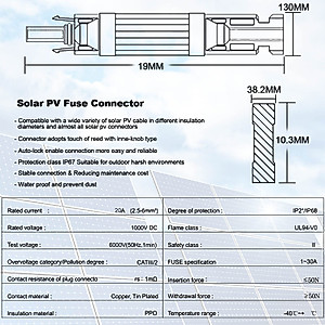 Leehitech 20A Solar Fuse Holder Inline with Male and Female Connector for Solar Panel and Solar Controller, Waterproof Solar Fuse Connector, Solar Surge Protection Device 5pcs