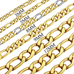 U7 5mm Figaro Chain Boy Men Fashion Jewelry 18K Gold Plated Stainless Steel Link Bracelet & Necklace Set (8.3",18")