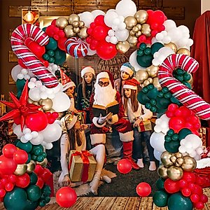 Christmas Balloon Garland Arch Kit with Red, Green, White and Gold Balloons, Candy Cane, Exploding Star for Christmas Party Decorations