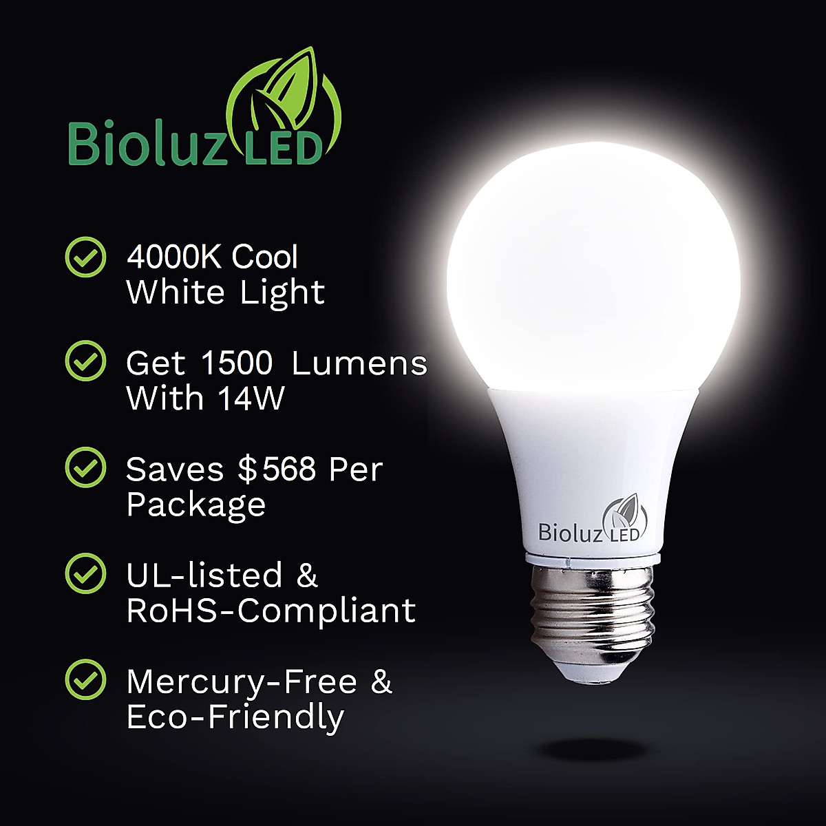 Bioluz LED 100W LED Bulbs, Dimmable LED Light Bulbs, Natural White 4000K, A19 LED Light Bulb 1500 Lumen - 4 Pack