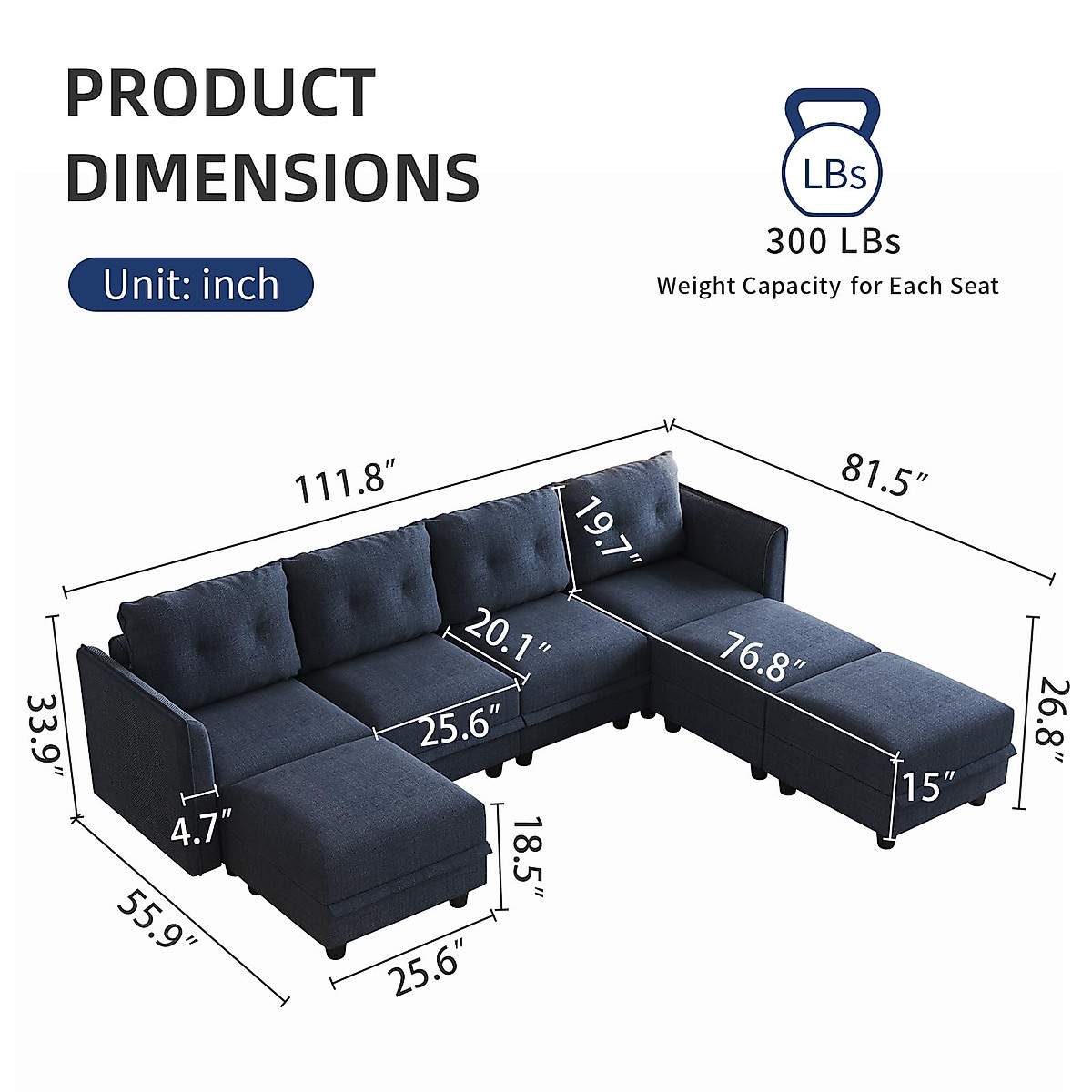 LLappuil Modular Sectional Sofa with Storage U Shaped Couch with Reversible Chaise Luxury Velvet Sofas for Living Room 4 Seats with 3 Ottomans Denim Blue