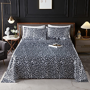 UDEAL King Sheet Set Satin Sheets and Pillowcase Sets Silky Soft Cooling Bed Sheets Set Deep Pocket Luxury Cheetah Print Breathable Sheet 90 GSM (4 Piece, Grey Leopard)