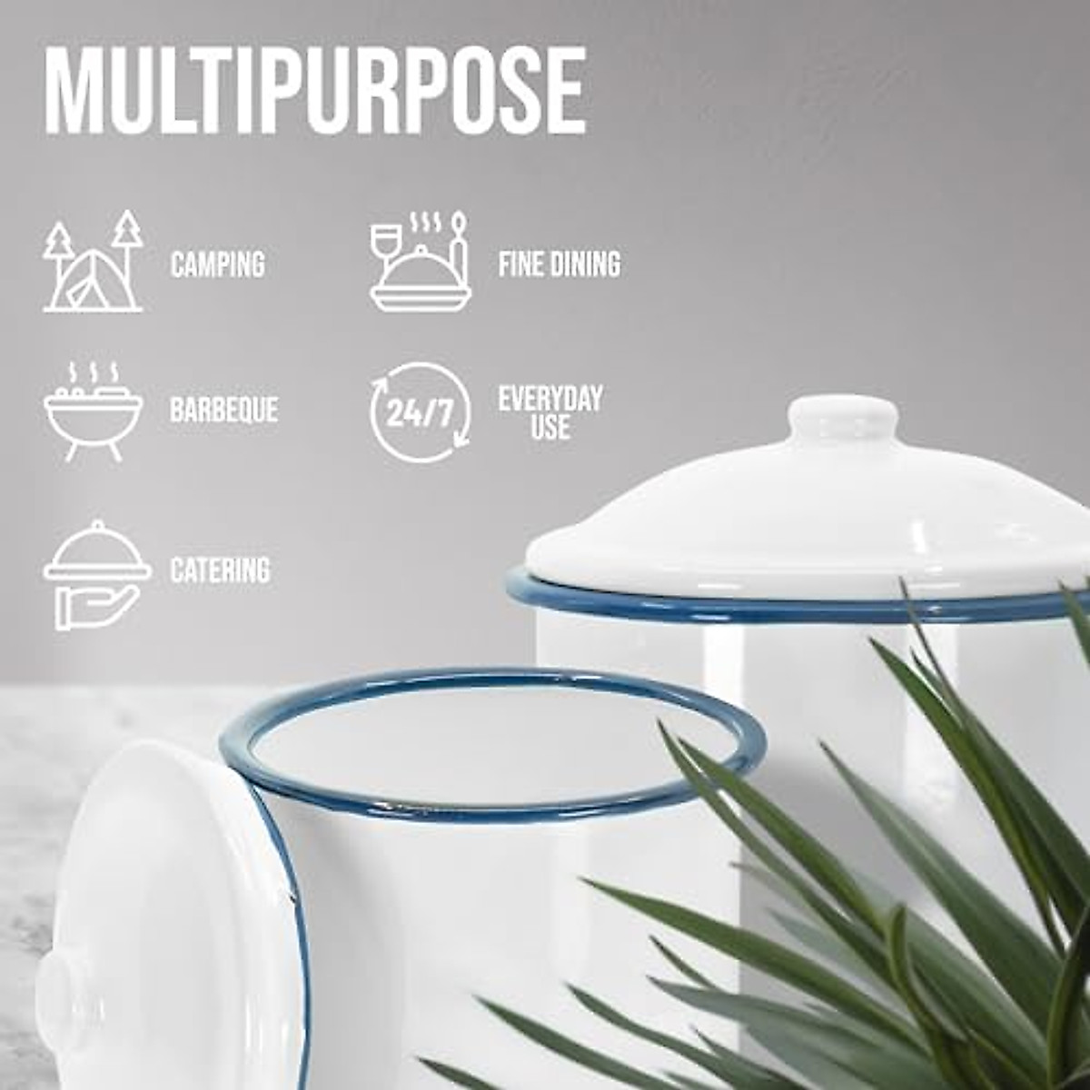 Red Co. White Enamelware Mug Pots with Blue Rim & Lid - Set of 3 Nesting Cups, Perfect for Picnic, Camping, Outdoor Activity