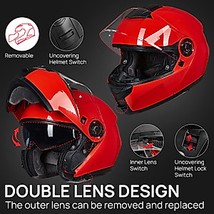 ILM Adult Motorcycle Modular Full Face Helmet Flip up Dual Visor DOT Approved Model 159(Red,X-Large)