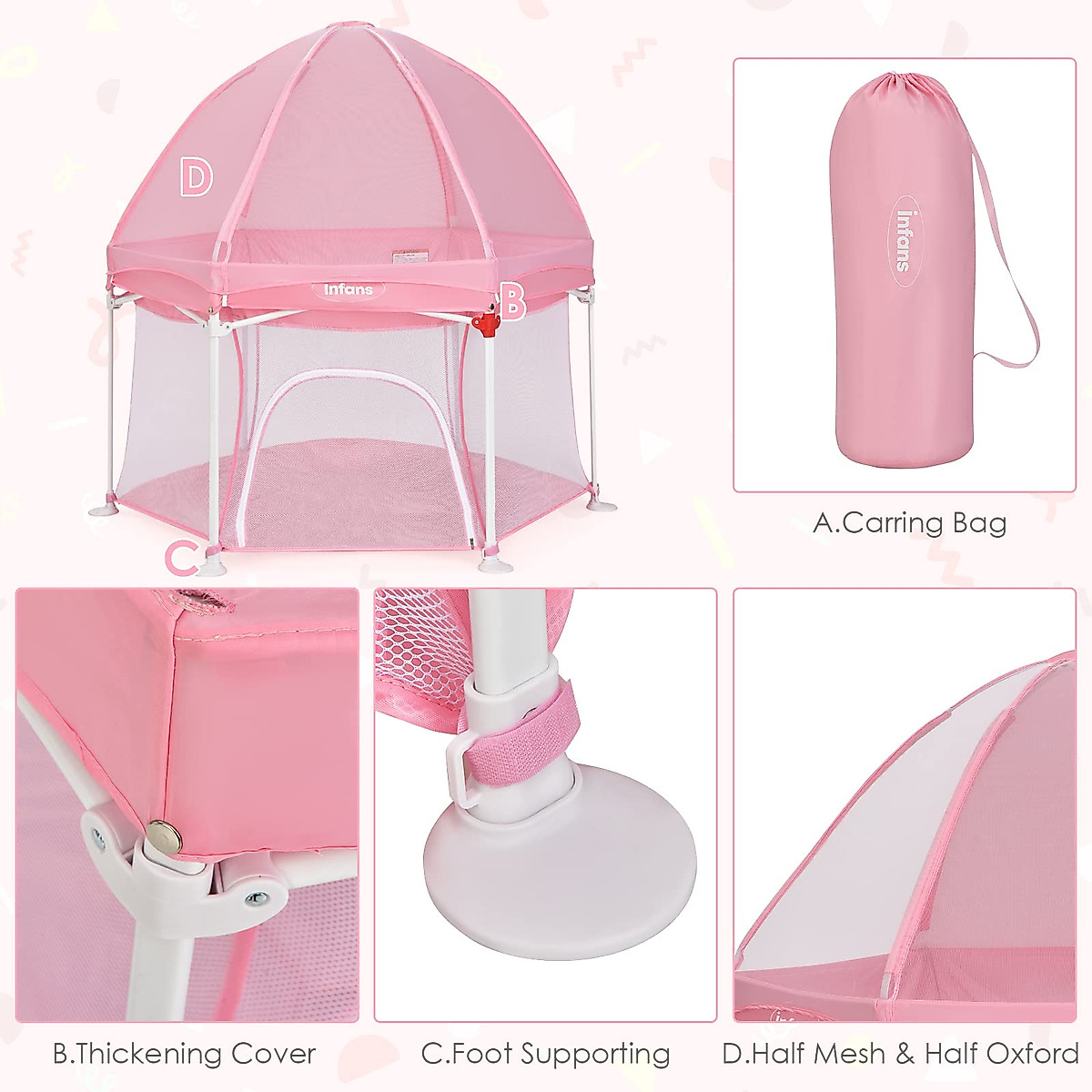 INFANS Baby Playpen with Removable Mesh & UV Canopy, 53" Portable Playhouse with Carry Bag, Dome, Padded Floor, Easy Folding Playard Activity Center (Light Pink)