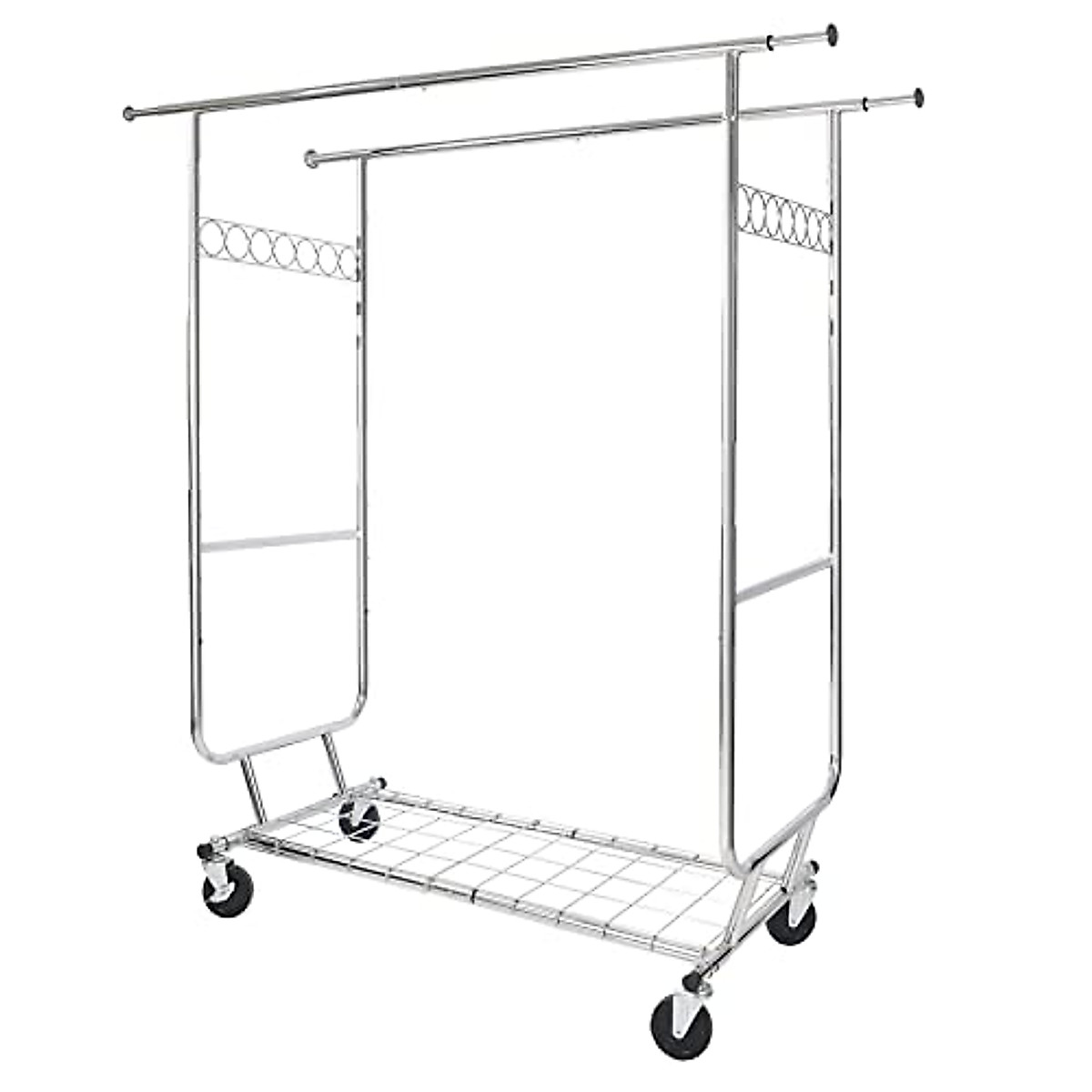ALUPOM Extendable Double Rod Clothing Rack on Wheels with Shelves Capacity 330lbs, Heavy Duty Rolling Chrome Commercial Garment Rack for Hanging Clothes