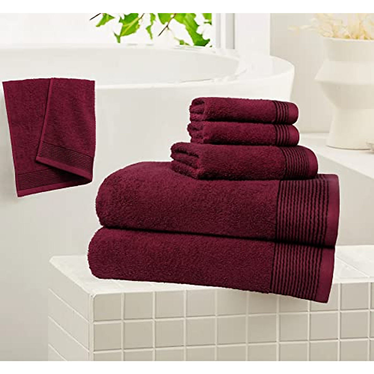 BELIZZI HOME 100% Cotton Ultra Soft 6 Pack Towel Set, Contains 2 Bath Towels 28x55 inchs, 2 Hand Towels 16x24 inchs & 2 Washcloths 12x12 inchs, Compact Lightweight & Highly Absorbant - Burgundy