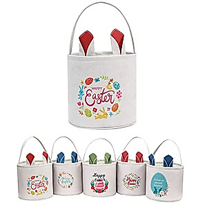 E-FirstFeeling Easter Basket Easter Bunny Basket for Kids Easter Eggs Hunt Baskets with Rabbit Ears Candy Bucket Tote for Easter Party (Light Gray)