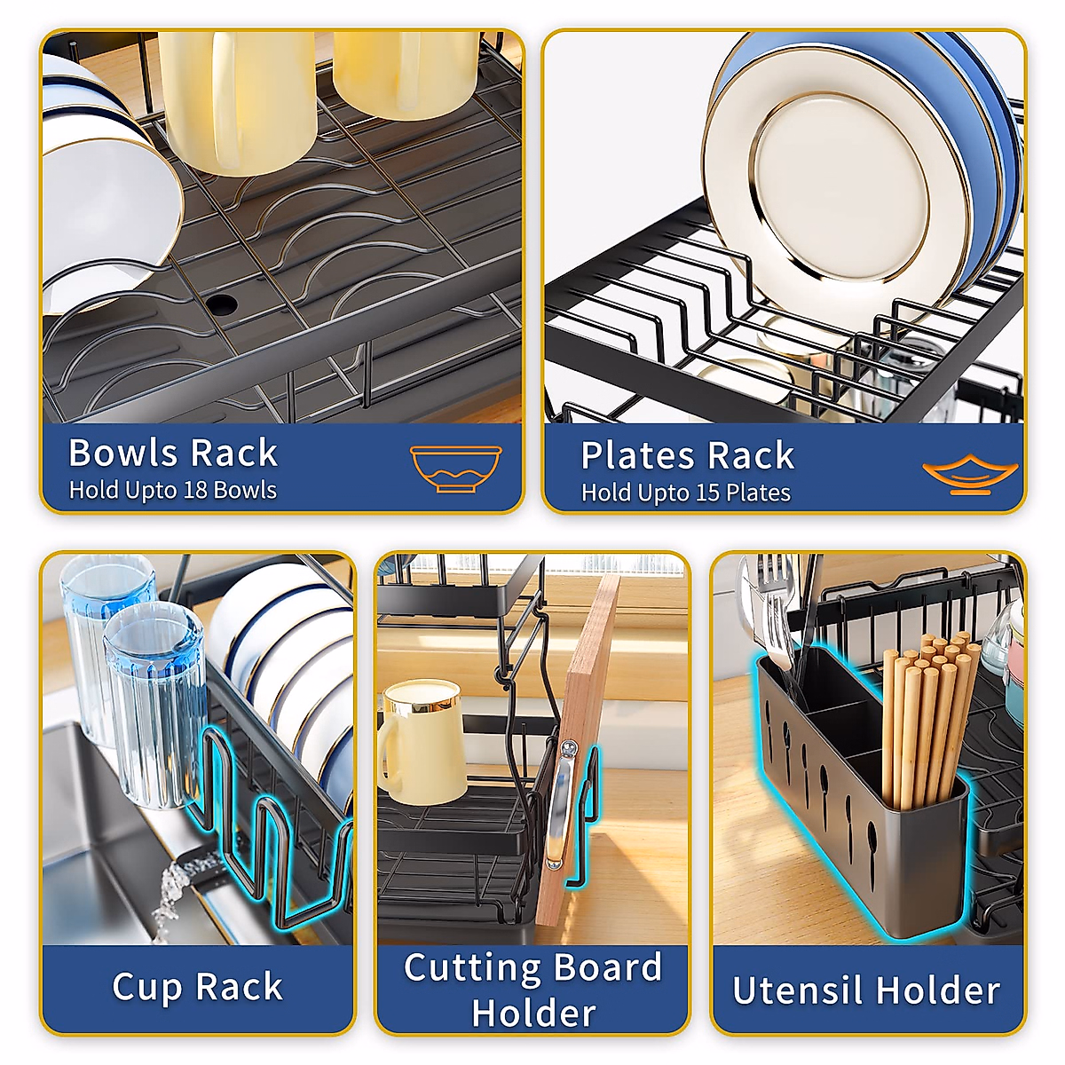 Dish Drying Rack, Detachable 2 Tier Dish Racks for Kitchen Counter with Pot Rack, Large Capacity Dish Drainer with Drainboard Organizer Shelf with Utensil Holder, Cup Rack, Cutting Board Holder, Black