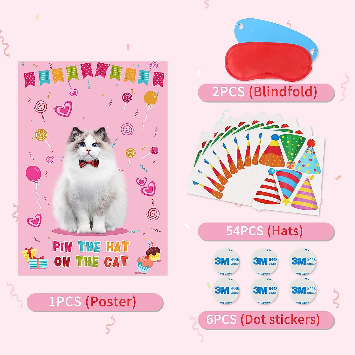 Pin The Hat On The Cat Party Game Cat Birthday Party Games for Kids, Cat Birthday Party Supplies Decorations for Girls Boys, Large Cat Poster with 54 Hat Stickers