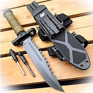 New 12.5" MILITARY Hunting FIXED BLADE SURVIVAL Knife w Fire Starter + Sheath Camping Outdoor Pro Tactical Elite Knife BLDA-0790