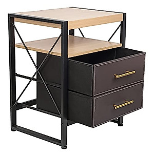 GAJUST End Table with 2 Drawers and Gold Pull Handle, Sturdy Metal Frame, Wood Top, Adjustable Legs