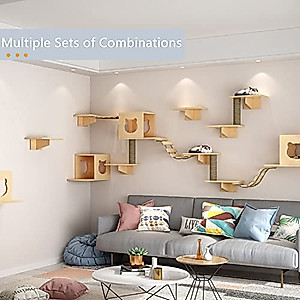 Cat Wall Shelves, Cat Wall Furniture, Cat Shelves and Perches for Wall, Cat Wall Steps Set with 2 Cat Condos House, 6 Cat Wall Shelves, 2Ladder, 1 Sisal Cat Scratching Post