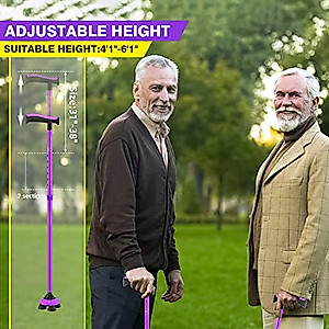 BeneCane Walking Cane for Men & Women Walking Stick for Seniors Folding Canes Quad Cane Adjustable Lightweight Sturdy Free Standing Collapsible Heavy Duty with Soft TPR T-Handle and Travel Bag(Purple)