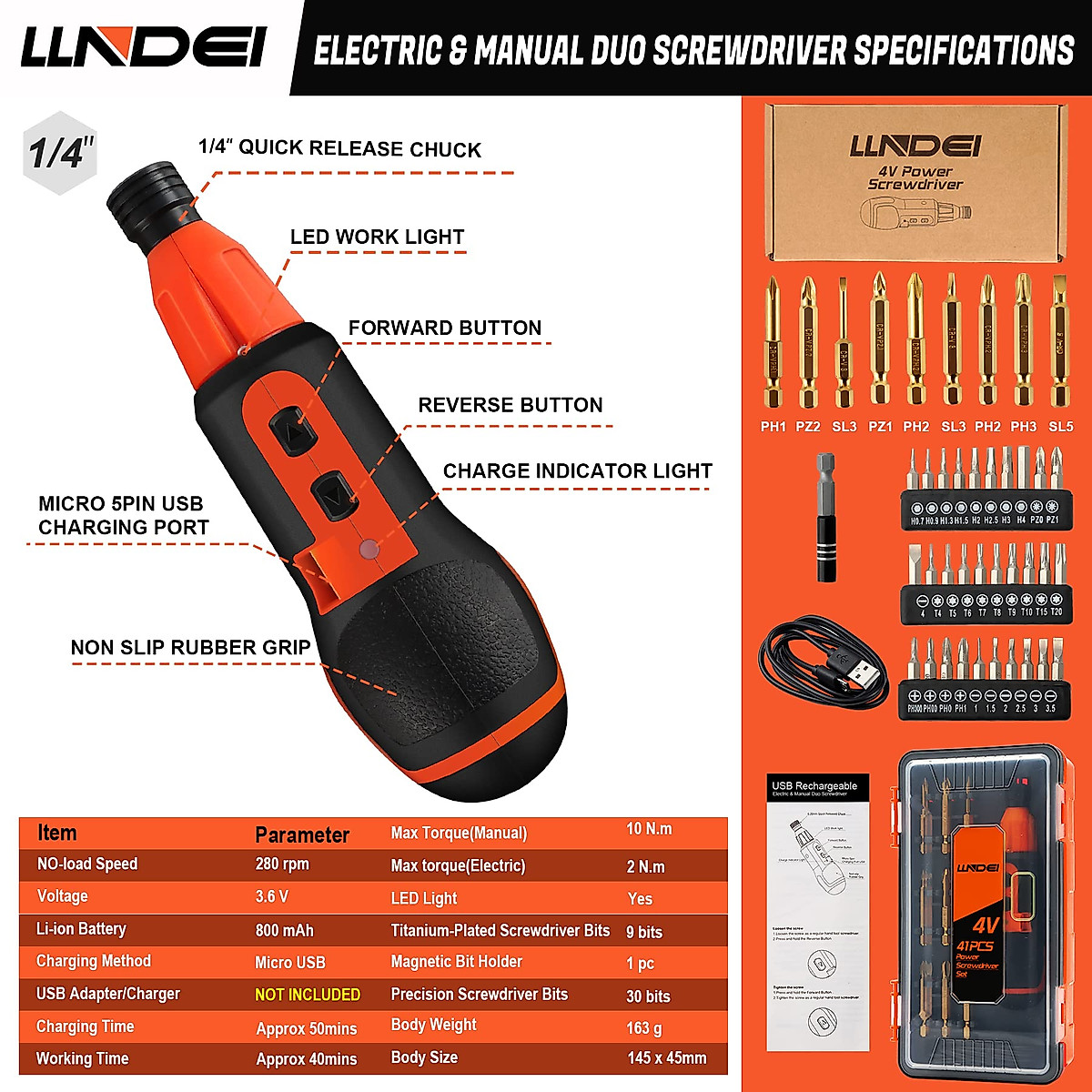 LLNDEI Electric Screwdriver Cordless 4V Electric Manual 2-in-1 Screwdriver Set, Includes Titanium-Plated Bits&Precision Screwdriver Bits&Bit Holder and Storage Box for Household&DIY&Gift for Men Women