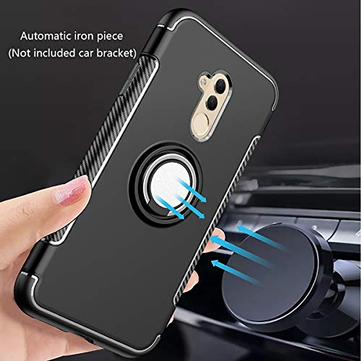 Orzero TPU + PC Hybrid Dual Layer Case Compatible for Huawei Mate 20 Lite Full Body Heavy Duty Protection 360 Rotating Metal Ring [Adsorbed Iron Plate] - Blue