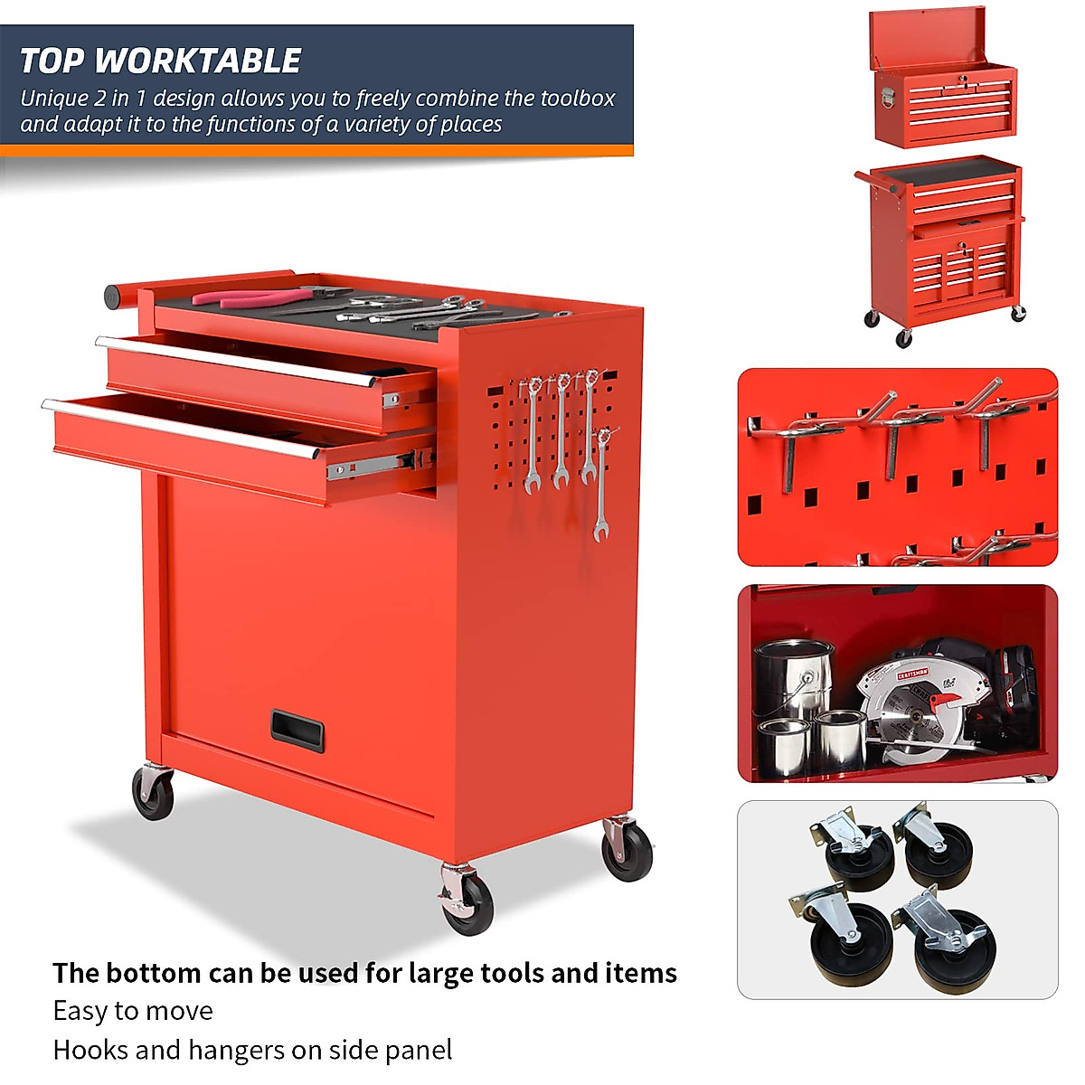 8-Drawer Rolling Tool Chest & Removable Tool Box with Locking System, Tool Box Organizer with 4 Wheels&Hooks, Large Capacity Garage Storage Cabinet for Warehouse and Repair Shop(Red)