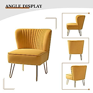 TINA'S HOME Modern Velvet Upholstered Accent Chair Set of 2,Velvet Fabric Tufted Back Single Sofa,Velvet Comfy Fabric Golden Metal Legs Armless Side Chair for Living Room Vanity Chair(Mustard)