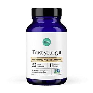 Ora Organic Probiotics with Prebiotics - 52 Billion CFU 11 Clinically Studied Strains for Digestive Health, Supports Occasional Constipation, Bloating, & Gas | Vegan, Dairy & Gluten Free, 60 Capsules