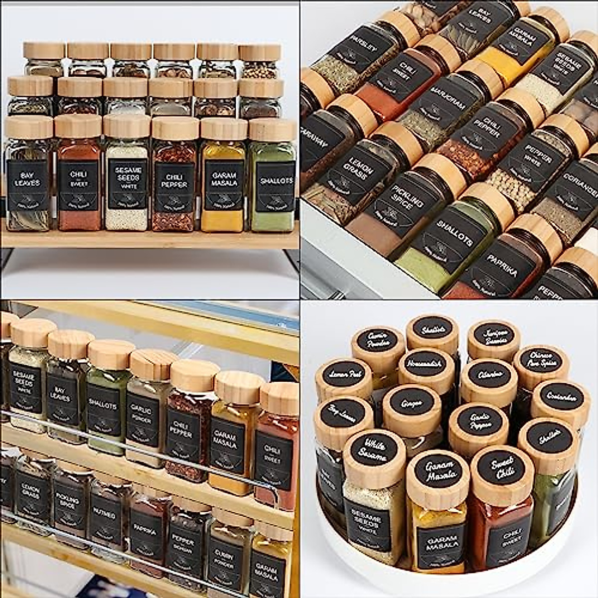 SZUAH 24pcs 4oz Spice Jars with Bamboo Lids, Spice Jars with Labels, Glass Spice Container with Shaker Lids, Funnel, Chalk Pen and Brush