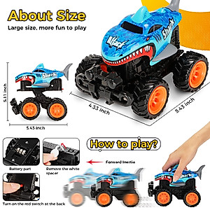 kkmon Exploding Monster Truck Toy with Interchangeable Dinosaur and Shark Bodies, Lights & Sounds,2 Pack of Light Up Monster Truck for Boys Age 3 and 4-7,Toddler Car Toys Gift