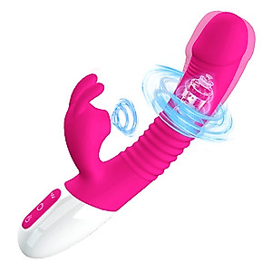Thrusting Rabbit Vibrator for Women, G Spot Dildo Vibrator 3 Thrusting Rotating and 7 Clitoris Stimulator Vibrator 3 in 1 Rechargeable Heating Anal Dildo Adult Sensory Sex Toys Rose Red US3