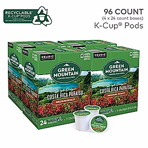 Green Mountain Coffee Roasters Costa Rica Paraiso, Single-Serve Keurig K-Cup Pods, Medium Roast Coffee, 96 Count (Pack of 4)