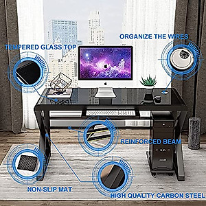 SAMERY Computer Desk Home Office Desks, 55.1 Inch Modern Simple Office Black Glass Desk Computer Table Study Gaming Writing Desk, Fashion Strength Tempered Glass Office Laptop Desk