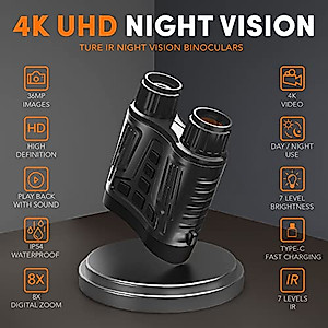 GTHUNDER Night Vision Binoculars - 4K Rechargeable Infrared Digital Night Vision Goggles with Distant Night Visible Range - 32GB TF Card for Media Storage—Perfect for Adventure and Surveillance