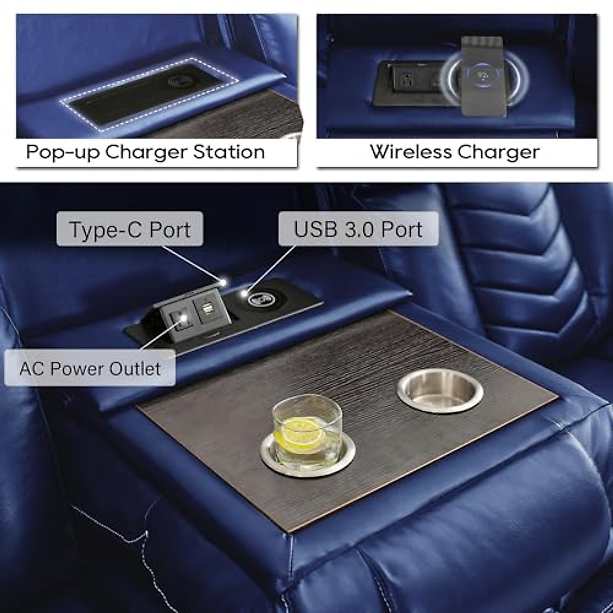 Manual Recliner Sofa Set 3 Piece with Wireless Charger for Living Room,Leather 3 Seater Reclining Couch with Bass Speaker and Loveseat Theater Seating,Home Electric Recliner Chair with LED Light,Blue