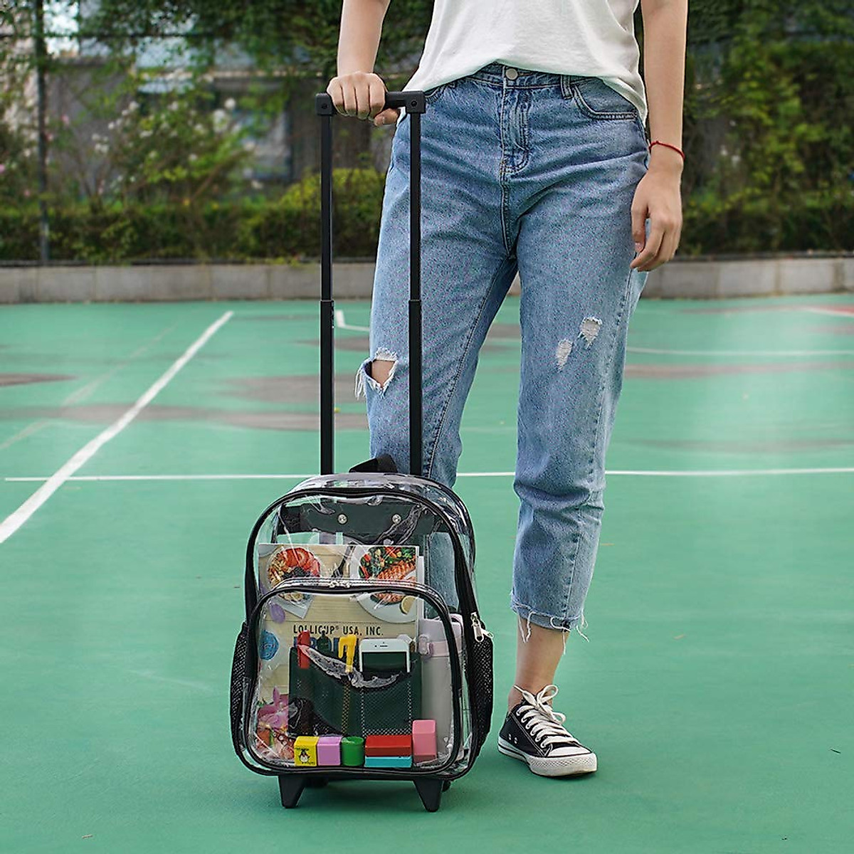 Rolling Clear Backpack, Heavy Duty See Through Bookbag, Transparent PVC Cold-resistant Backpack with Wheels ( Black)