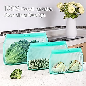 AECHY Silicone Bags Reusable Storage - Reusable Food Storage Bags, Extra Large 95 OZ Reusable Sandwich Bags - Silicone Food Pouch Stand Up, Leak-free, Heavy-duty, Microwave Safe, 3PCS, Auqa