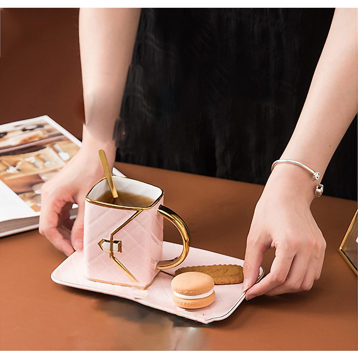Anvirtue Handbag-Shaped Creative Ceramic Mug With Saucer Porcelain Tray & Spoon for Coffee, Hot Chocolate, Cappuccino, and Latte Breakfast (PINK)