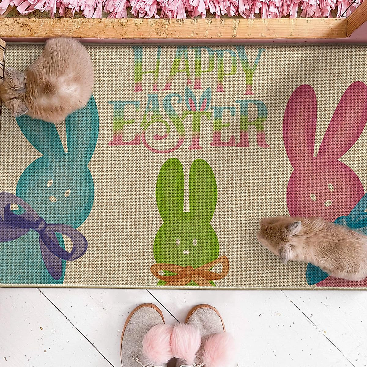 Artoid Mode Welcome Easter Rabbits Elegant Decorative Doormat, Seasonal Spring Easter Farmhouse Holiday Low-Profile Floor Mat Switch Mat for Indoor Outdoor 17 Inch x 29 Inch