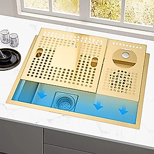 Stainless Steel Sinks, with Glass Rinsing Device, Kitchen Single Bowl Rectangular Sink, Gold Workstation Sink, for Flushmount, Undermount & Top Mounted Installation