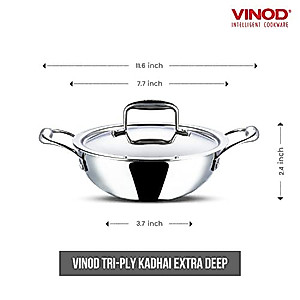 Vinod Platinum Kadai Triply Stainless Steel | Suitable For Indian Cooking, Sauces, Stews, Soups | Deep/Extra Deep Kadai With Lid | Induction, Electric Friendly (Extra Deep Kadai, 18cm)