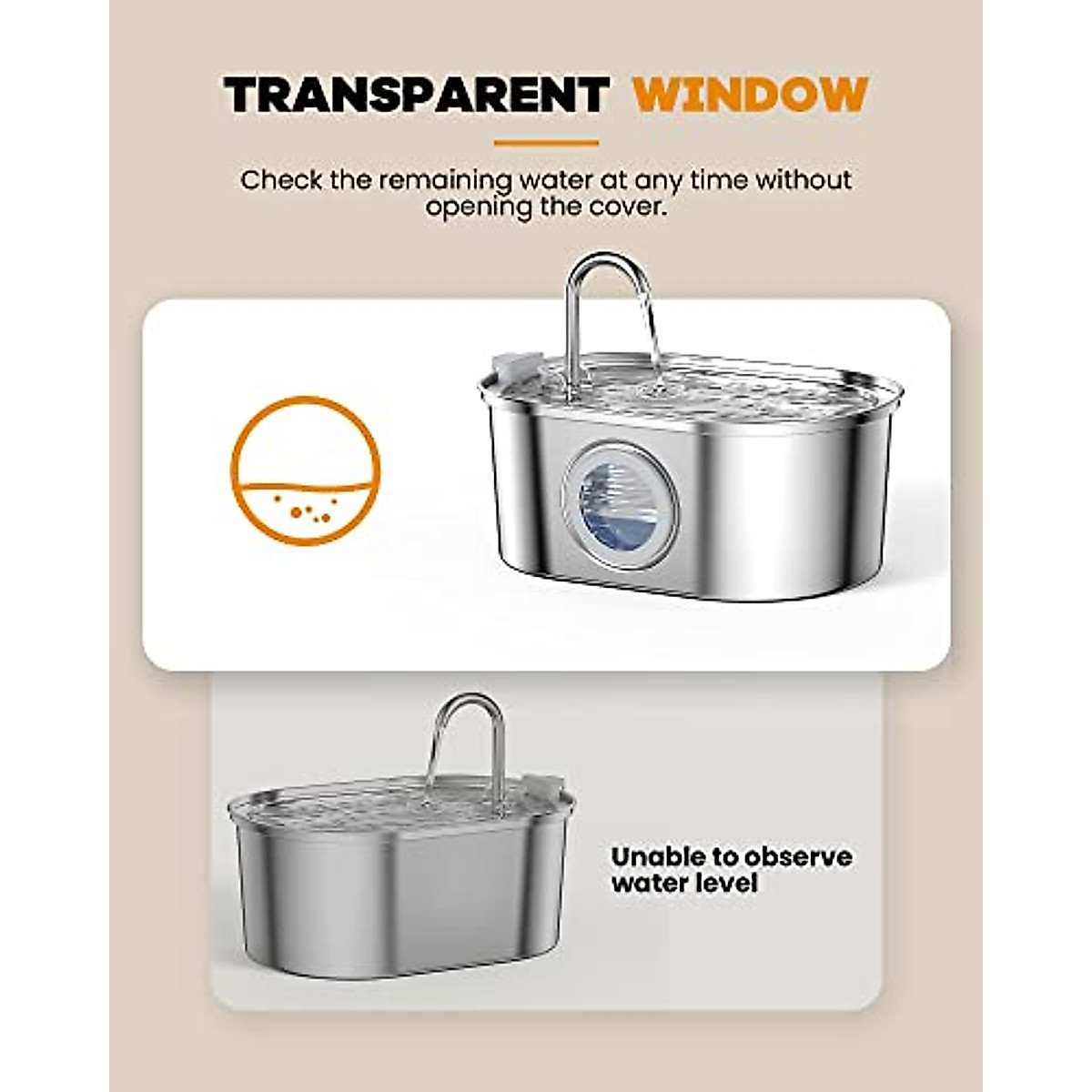 SOOFPET Cat Water Fountain with Water Level Window, 108oz/3.2L Water Fountain for Cats Inside, Stainless Steel Pet Water Fountain Dog Water Dispenser, Faucet Shape, Quiet Pump, for Dogs and Cats