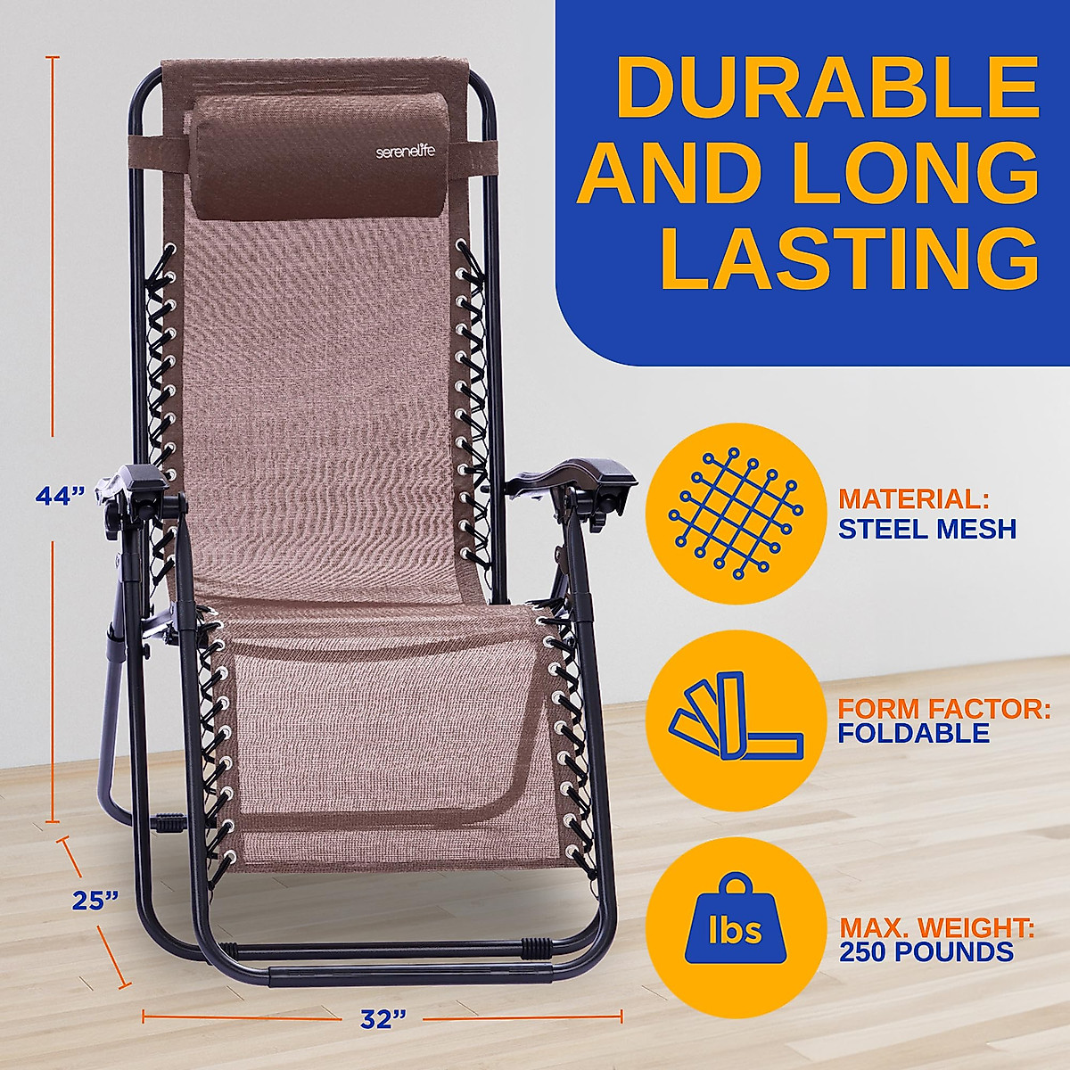 SereneLife Zero Gravity Lounge Chair - Set of 2 Adjustable Recliners and Side Table, Includes Removable Padded Headrest Pillows, Breathable Mesh Fabric, Lightweight and Foldable, Brown