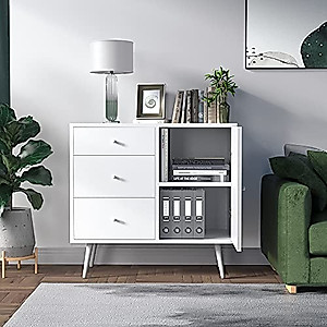 Cozy Castle Wood Sideboard Cabinet, Accent Buffet Storage Cabinet with 3 Drawers, Free Standing Cabinet for Living Room Bedroom, Cupboard Console Table for Home Kitchen Dining Room, 32 Inch, White