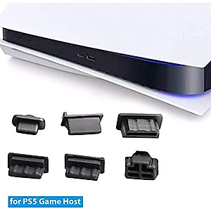 PS5 Silicone Dust Plugs Set,USB HDMI Interface Anti-dust Cover Dustproof Plug for Playstation 5 Console Accessories-6Pcs(Black)