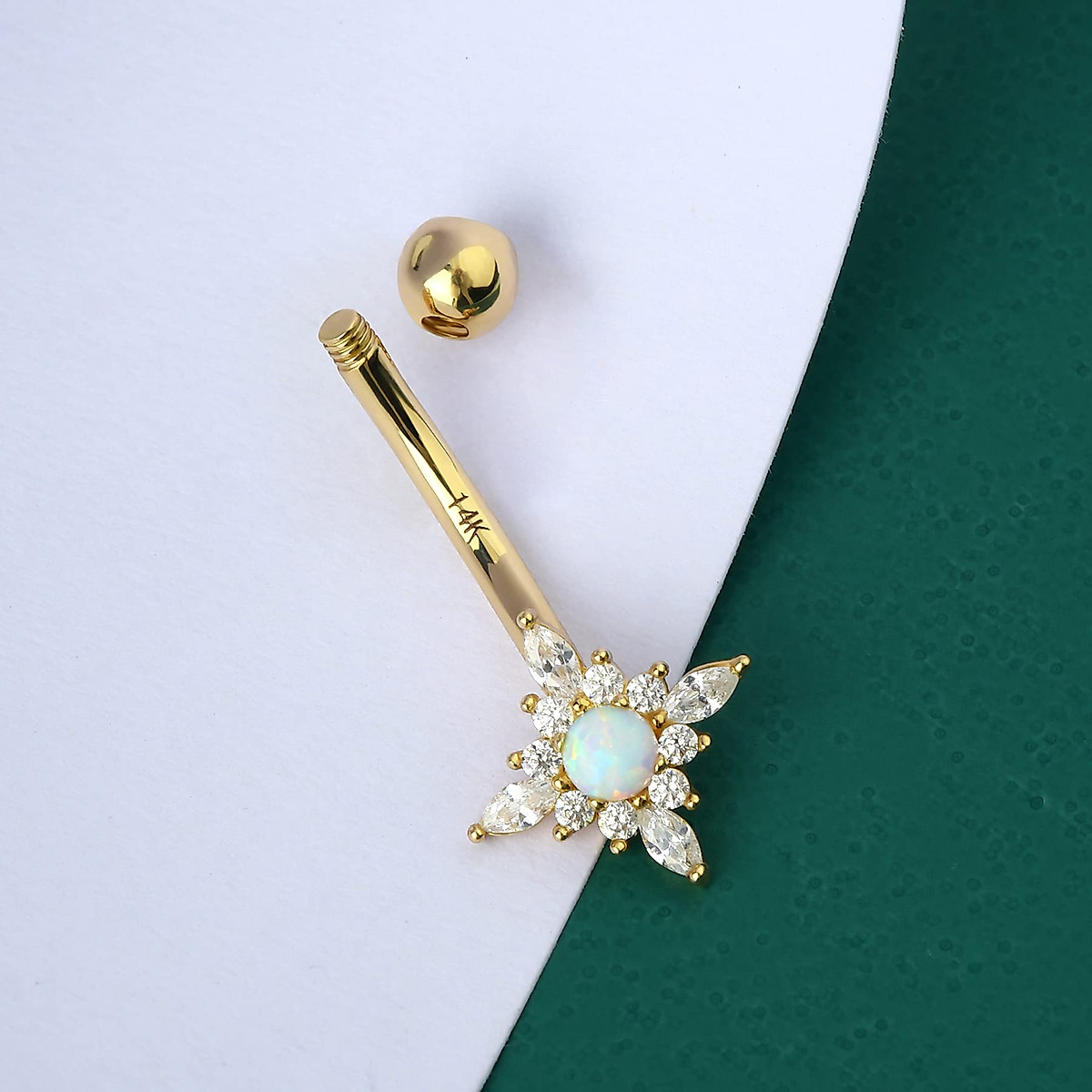 COCHARM 14k Gold Star Belly Rings 14g Diamond and Opal Solid Gold Belly Button Ring Barbell for Women