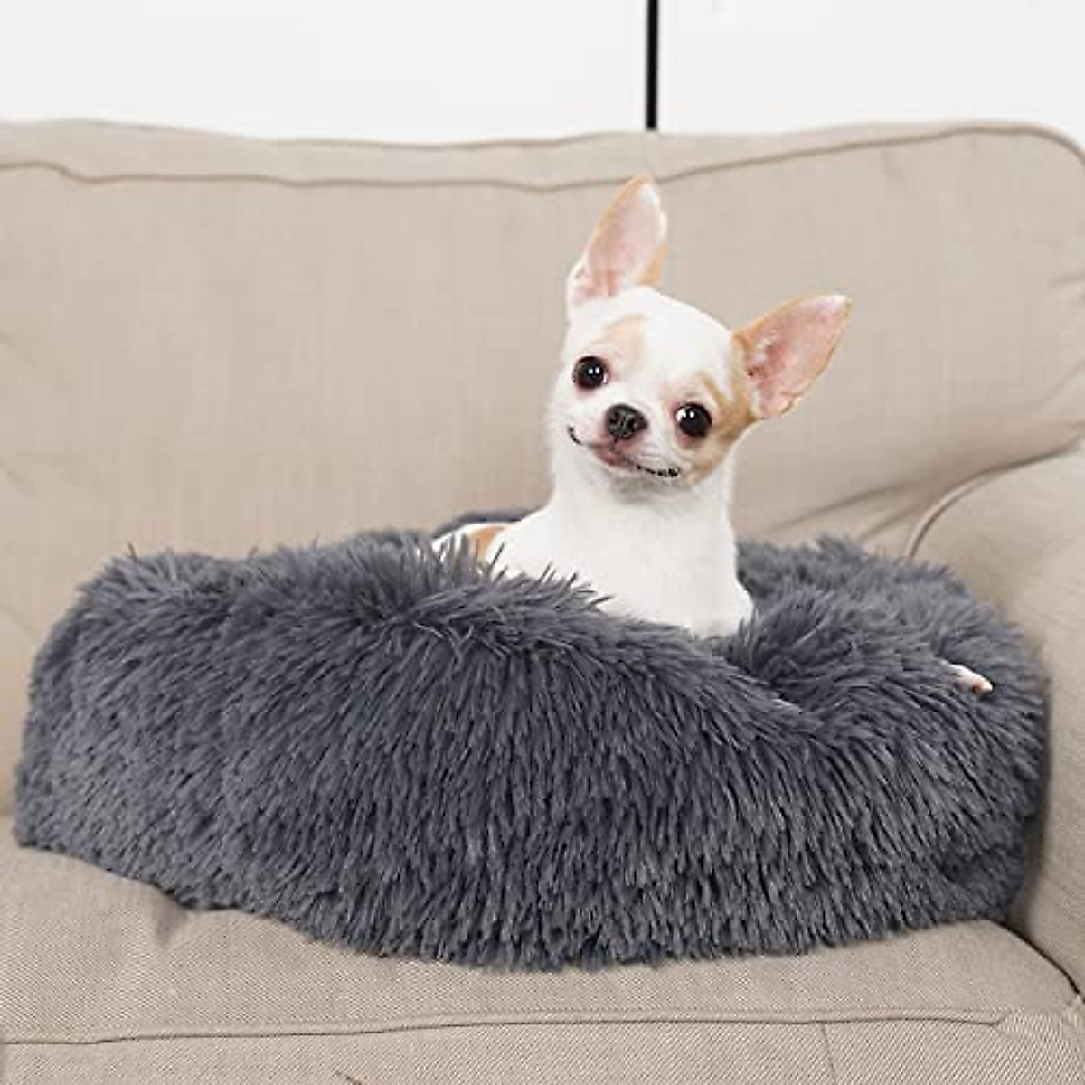 Calming Dog Bed for Small Dogs Washable Bed for Dogs with Anxiety,Small Donut Cuddler Dog Bed Self Warming 20 Inch,Small Round Soft Fluffy Grey Faux Fur Dog Bed for Dogs Under 10 lb