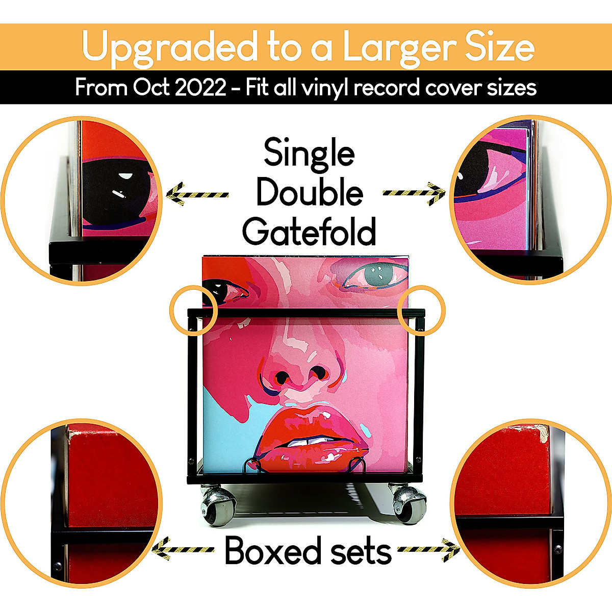 NEEDLEA Vinyl Record Holder Storage Up to 120 LP - Sturdy Metal Frame Crate Moving Box with Wheels - Stylish Display Rack Organizer for Vinyl Album in Home Office