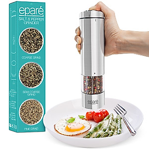 Eparé Bundle: Electric Salt or Pepper Grinder - Battery Operated Ceramic Burr Peppermill Shaker (Metallic) & Electric Salt or Pepper Grinder - Battery Operated Ceramic Burr Peppermill Shaker (Copper)