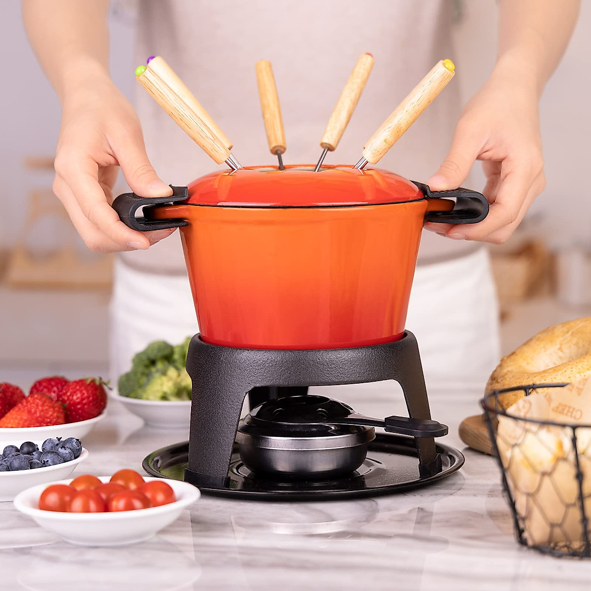 Mabeeze Cast Iron Fondue Set for Cheese, Chocolate or Meat - Includes Enameled 1.6 Qt Pot, 6 Fondue Forks, Burner, Stand, Base and Mitts