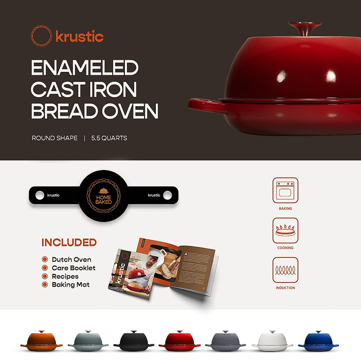 Krustic Enameled Cast Iron Dutch Oven for Sourdough Bread Baking | 6 Quart Pot with Lid | 10 Inch Ceramic Enamel Thick Coated Cookware Set with Non Stick Silicone Baking Mat for Cooking | 6 Qt | Red