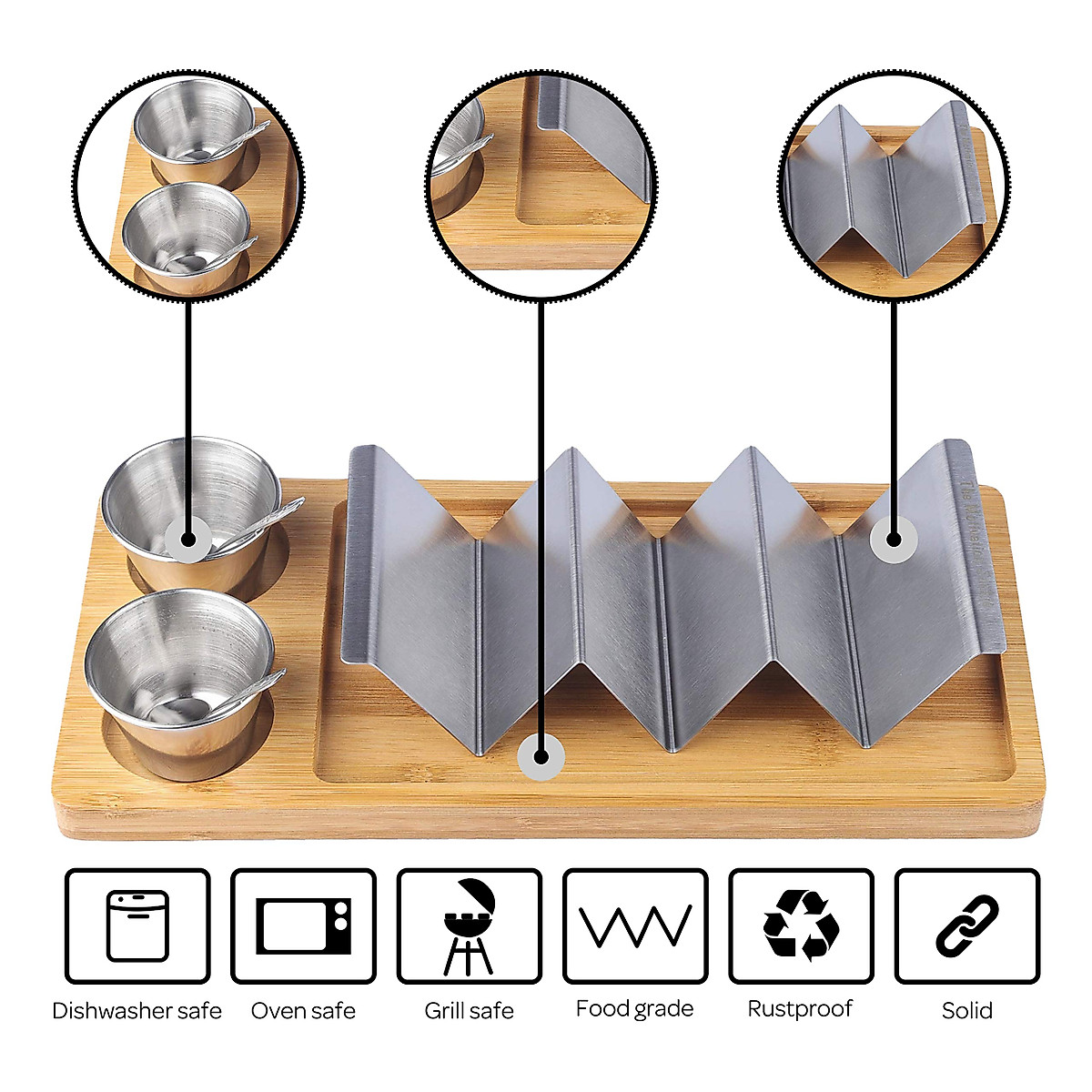 Stainless Steel Taco Stand Holder With Bamboo Tray - Set of 2 - Taco Tuesday With Four Sauce Holders and Four Spoons - Holds Up to 4-6 tacos - Stainless Steel Racks With Handles Oven & Grill Safe