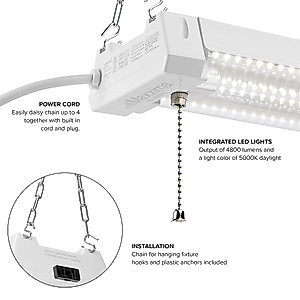 Maxxima 4 ft. Utility LED Shop Light Fixture, 40W, Linkable, Clear Lens 5000K Daylight 4800 Lumens Plug in Pull Chain LED Garage Light Energy Star
